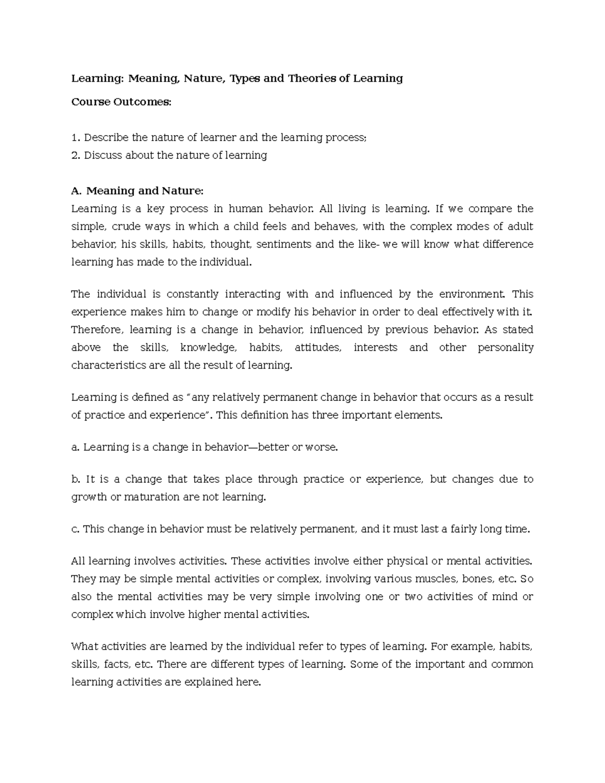 Learning: Meaning, Nature, Types & Theories - PSY101 Overview - Studocu