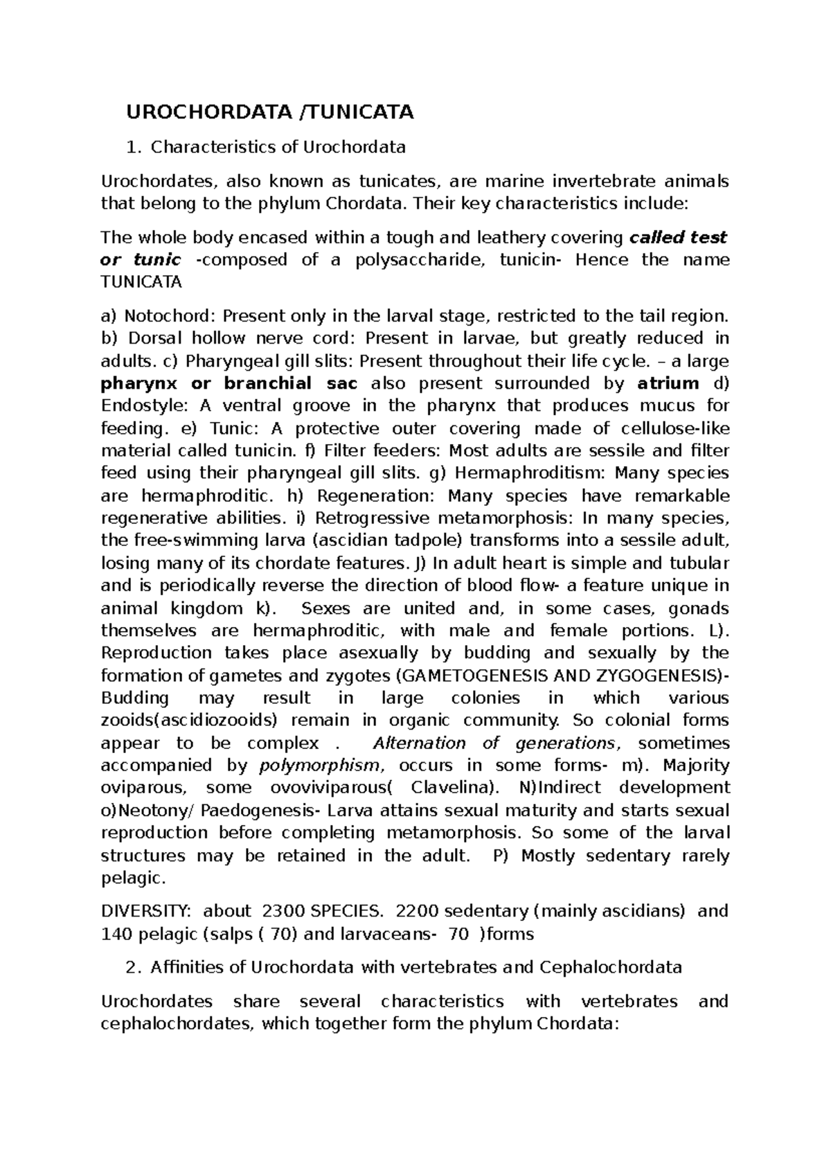 Urochordata (Tunicata) Overview and Classification Study Guide - Studocu
