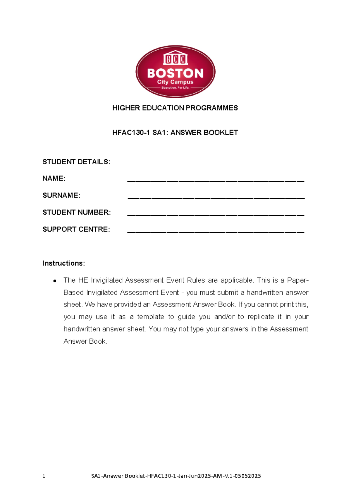 HFAC130 1 SA1: Answer Booklet for Invigilated Assessment - Studocu
