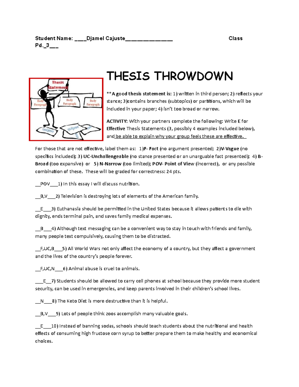 Copy of Thesis Statements Throwdown Activity - Student Name: Djamel ...