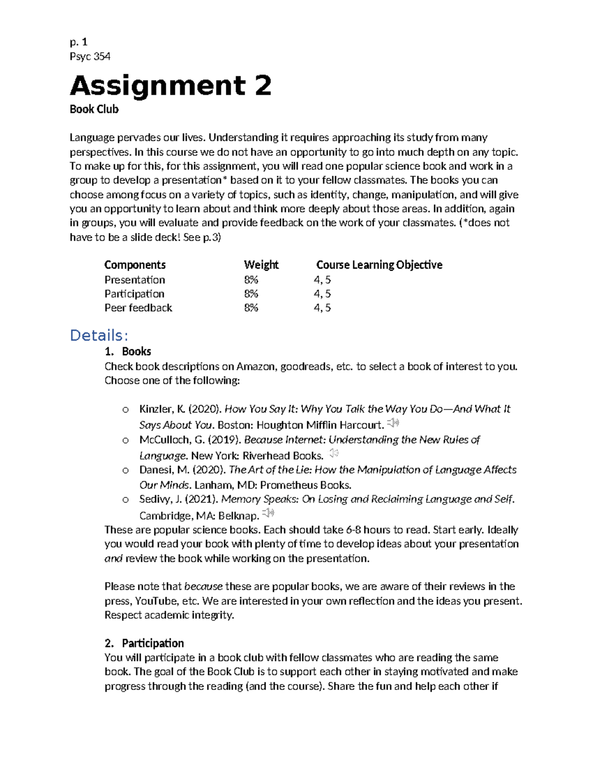 Psyc 354 Assignment 2: Book Club Presentation Guidelines - Studocu