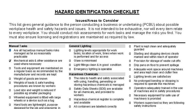 Hazard Identification Checklist (AU) for Workplace Safety - Studocu