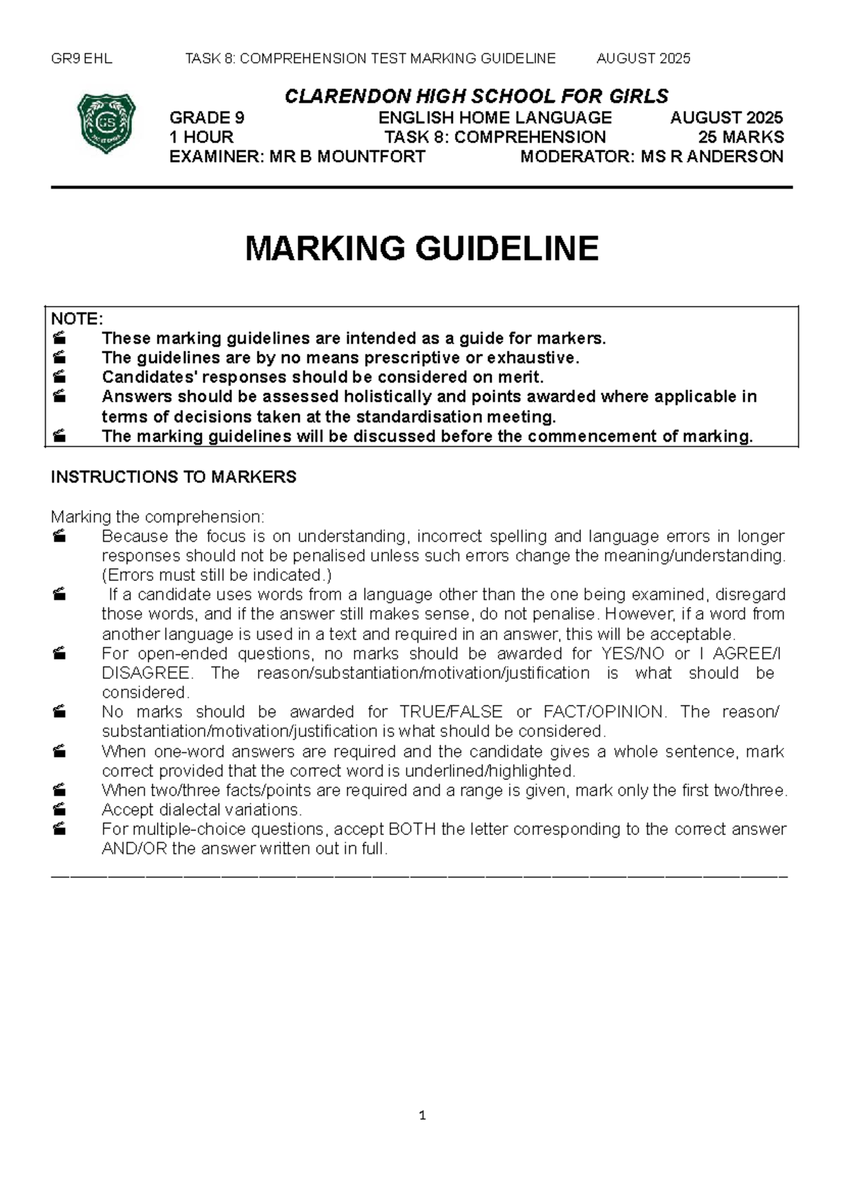 GR9 EHL TASK 8: COMPREHENSION TEST MARKING GUIDELINE AUG 2025 - Studocu
