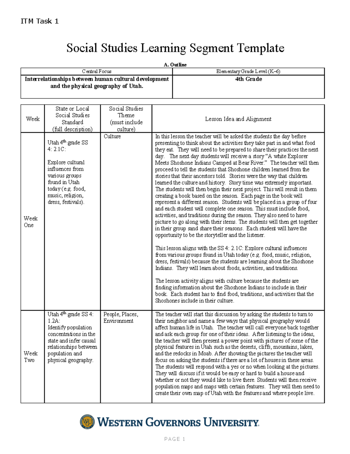 Utah 4th Grade SS Learning Segment Template - Task 1 Overview - Studocu