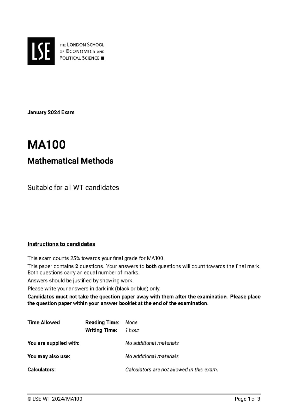 January 2024 MA100 Final Exam: Mathematical Methods for WT Candidates ...