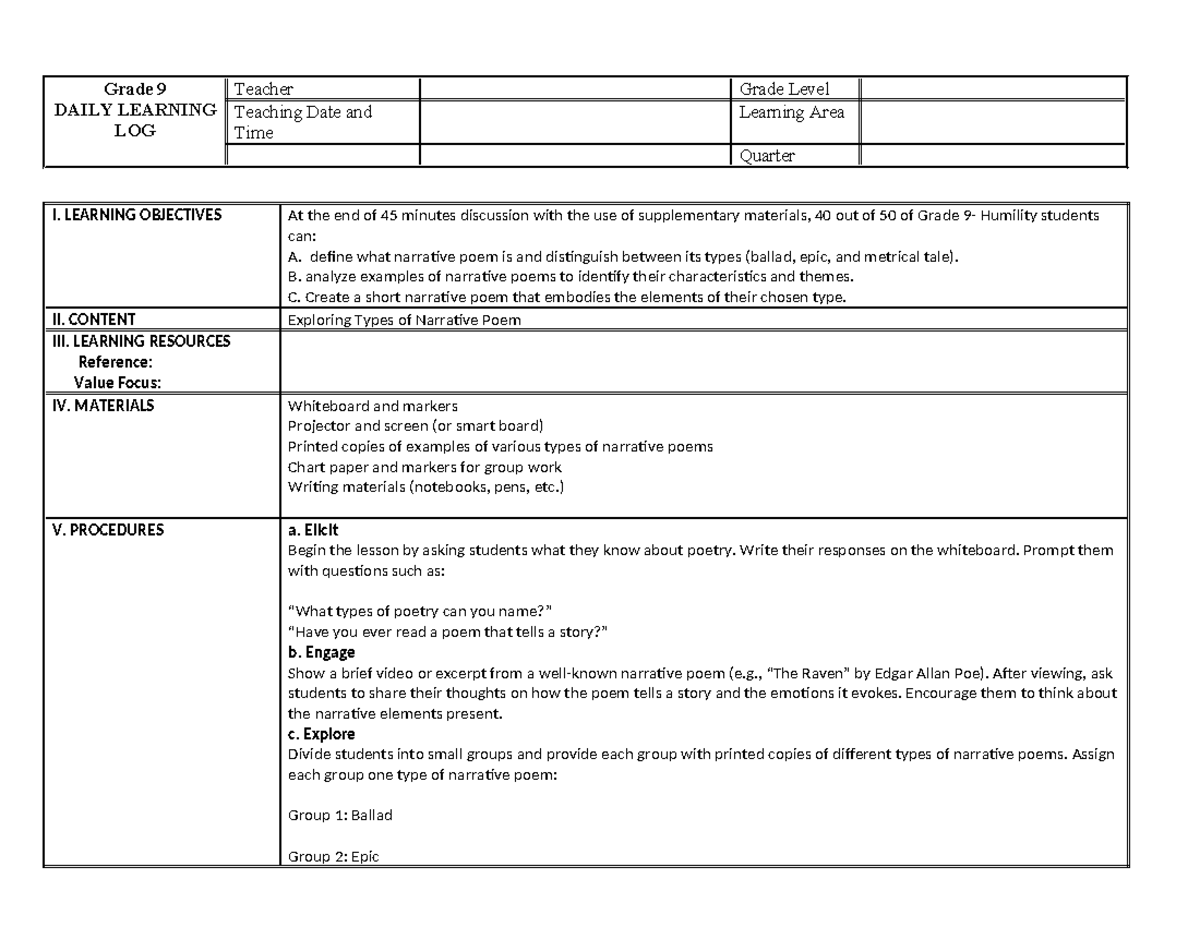 Grade 9 English - Lesson Plan on Narrative Poems - Studocu