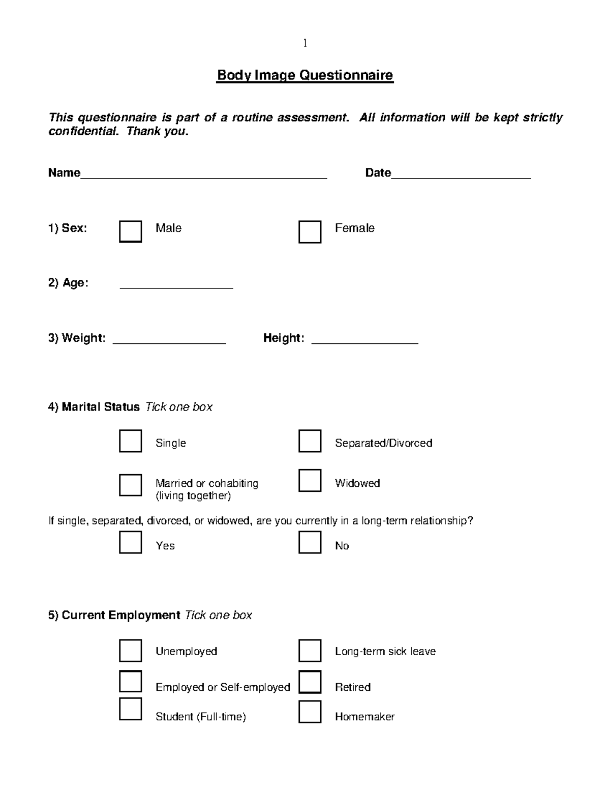 Body Image Questionnaire: Assessment of Personal Concerns - Studocu