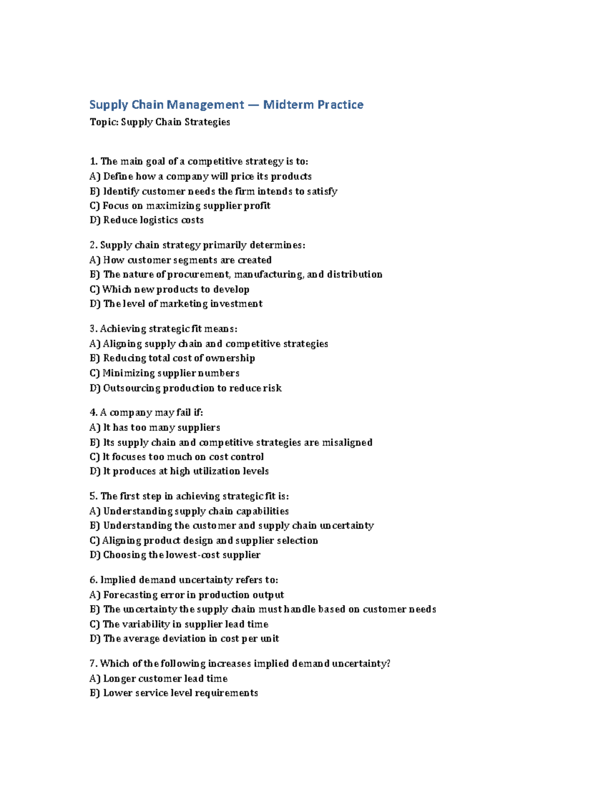 Supply Chain Management (SCM) Midterm Practice: Strategies MCQs - Studocu