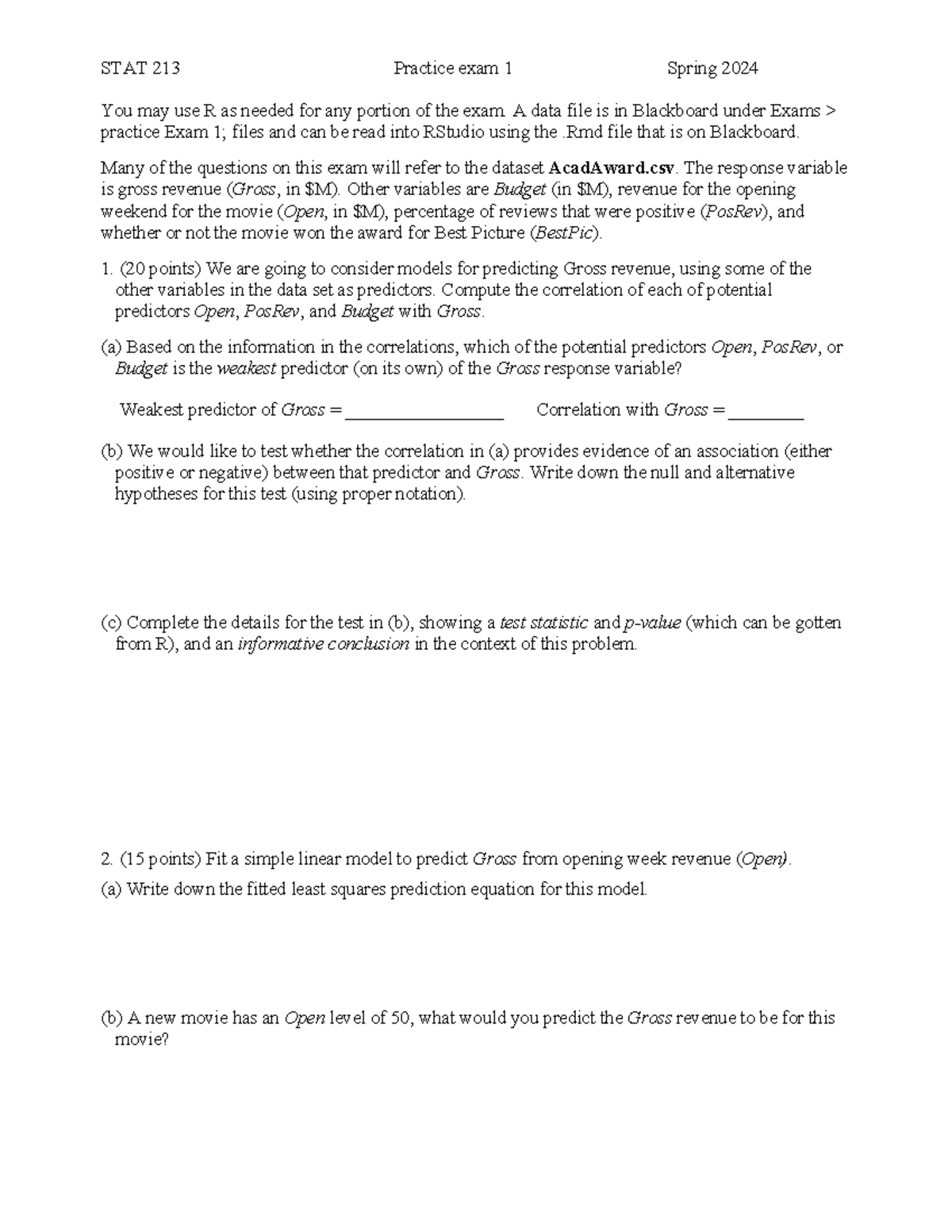 Stat 213 Practice Exam 1 Spring 2024 On Regression Analysis Stat 213 Practice Exam 1 Spring