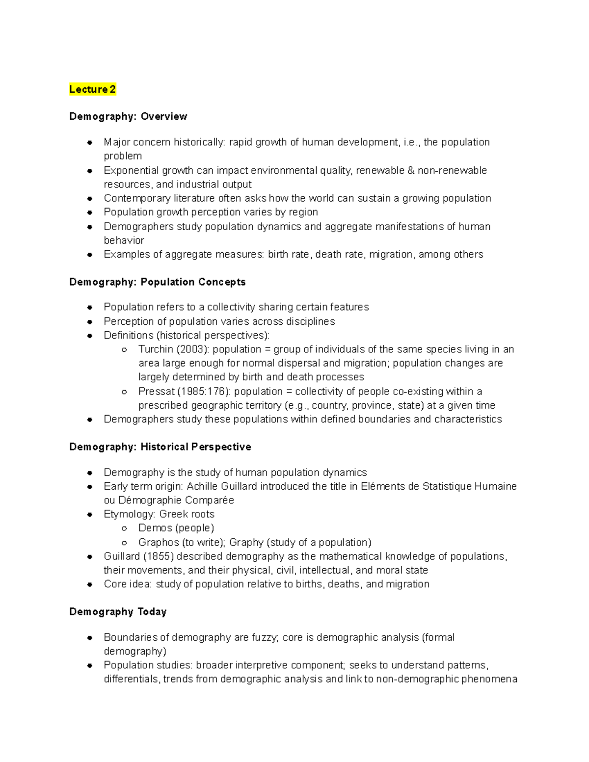 GEO231 Lecture Notes: Demography Overview (Lectures 2-4) - Studocu
