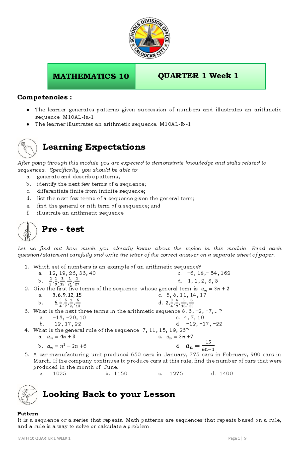 Math 10 Q1 Week 1 - it so helpful - Competencies : The learner ...