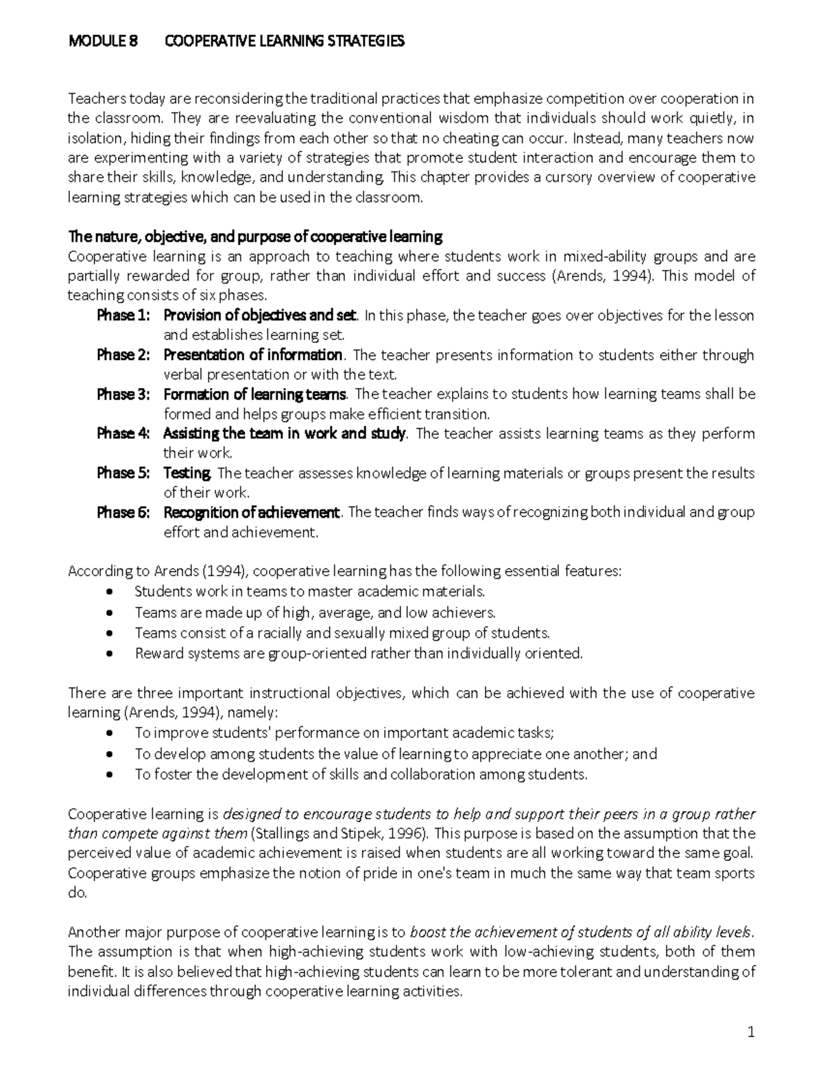 Module 08: Overview of Cooperative Learning Strategies in Classrooms ...