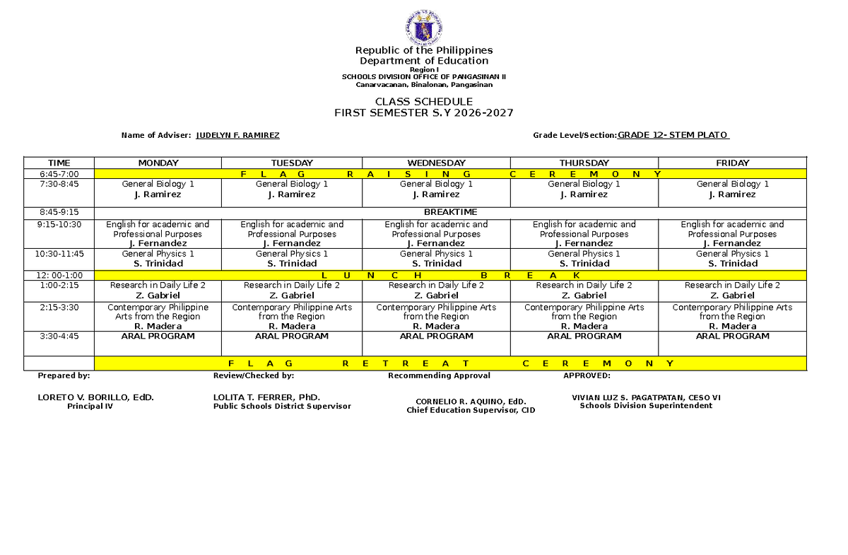 Class Schedule for First Semester S.Y. 2023-2024 - Grade 12 STEM - Studocu