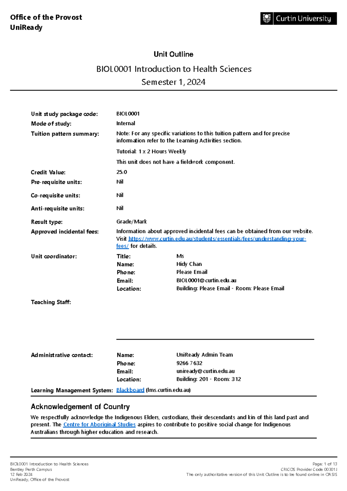 BIOL0001 Introduction to Health Sciences Unit Outline: Semester 1 2024 ...