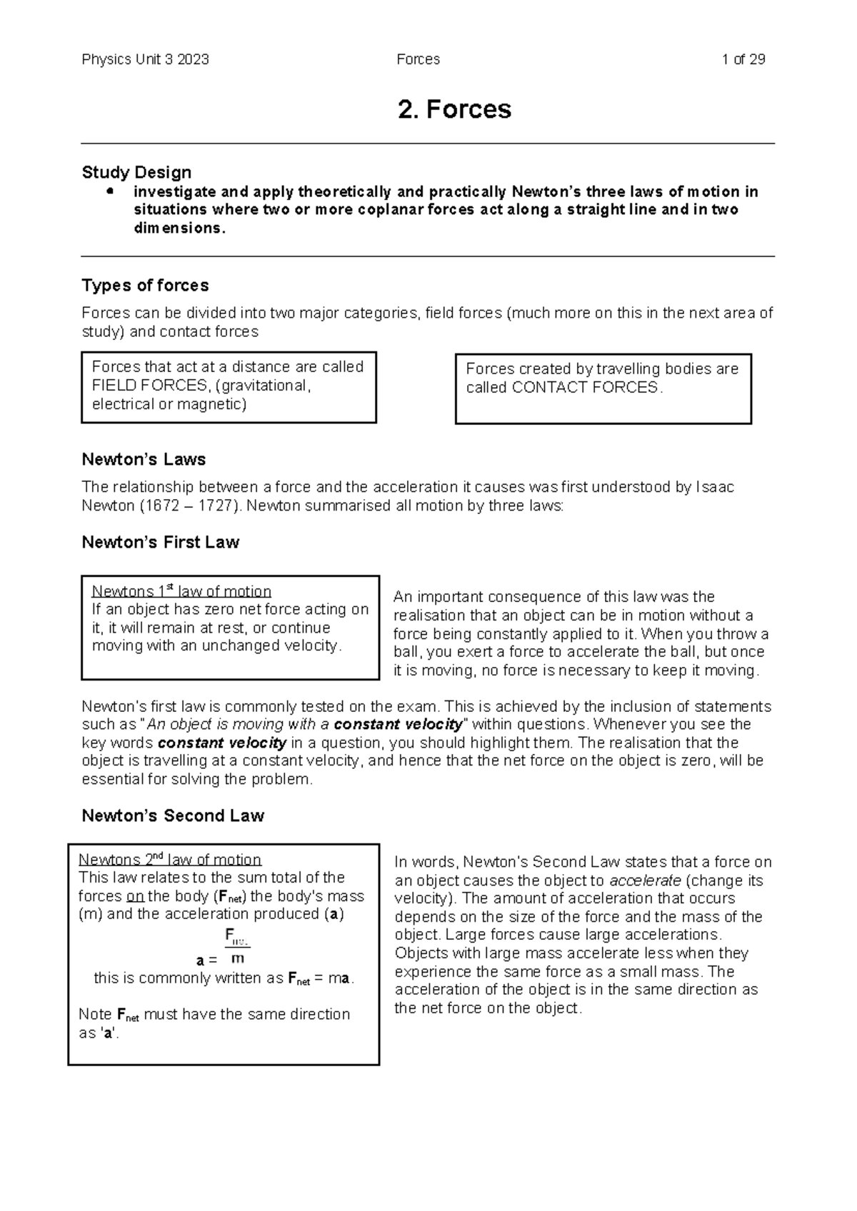 Physics Unit 3 2023 Forces Study Notes - Studocu