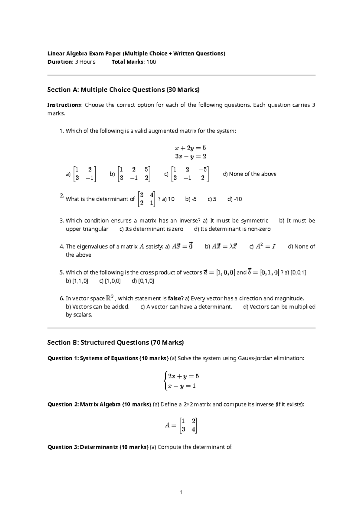 Linear Algebra Exam - APM15W1 (Multiple Choice & Structured Qs) - Studocu