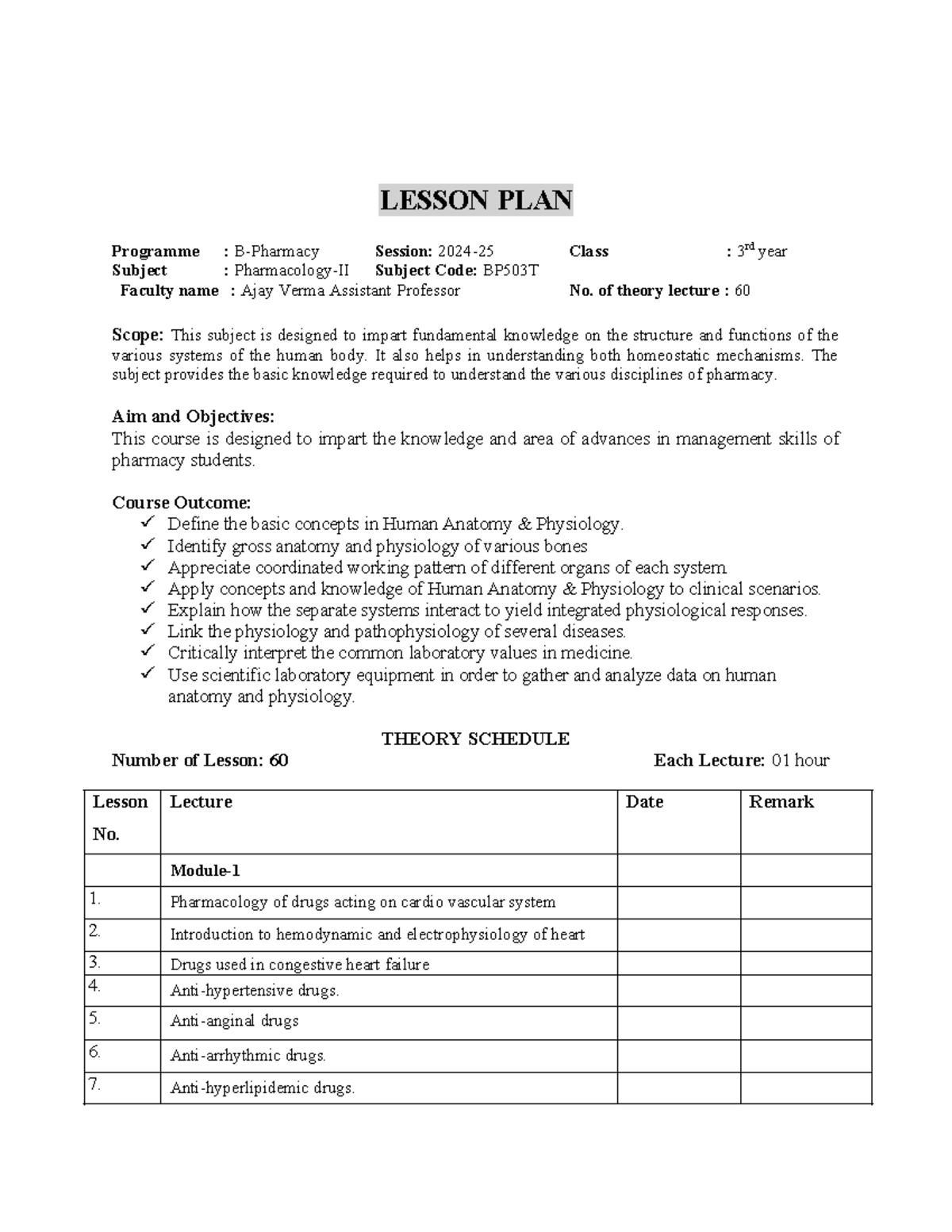 HAP Lesson plan Final - LESSON PLAN Programme : B-Pharmacy Session ...