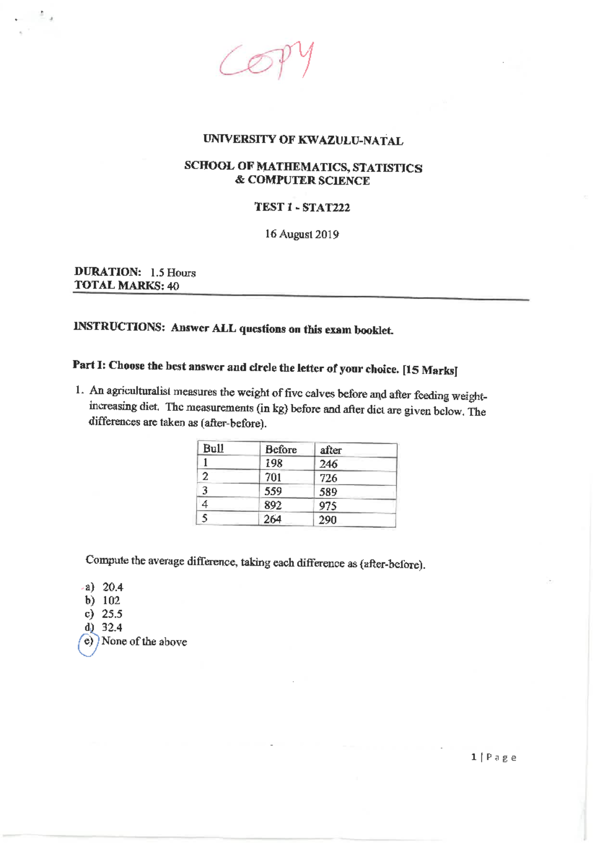 Mathematics & Statistics Test 1 Solutions (2019) - University of School ...