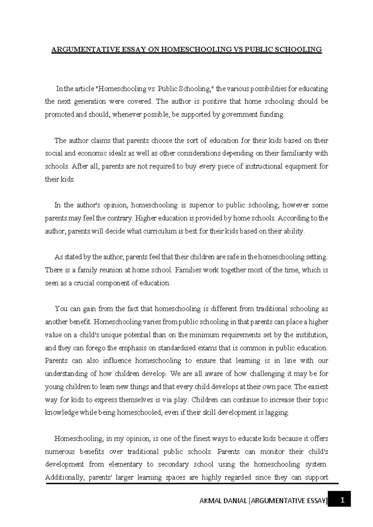 Argumentative Essay: Homeschooling vs Public Schooling {ENG101} - Studocu