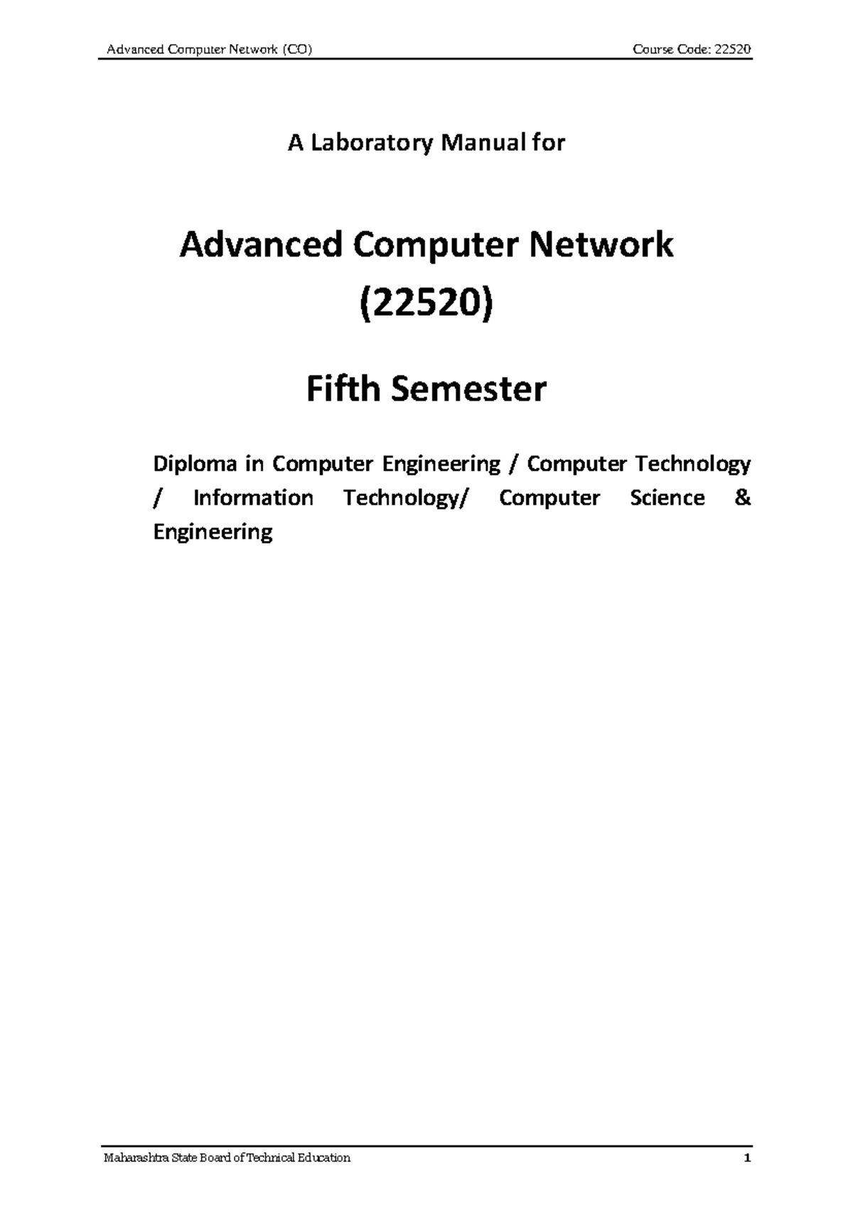 ACN LAB Manual - A Laboratory Manual for Advanced Computer Network (22520) Fifth Semester ...