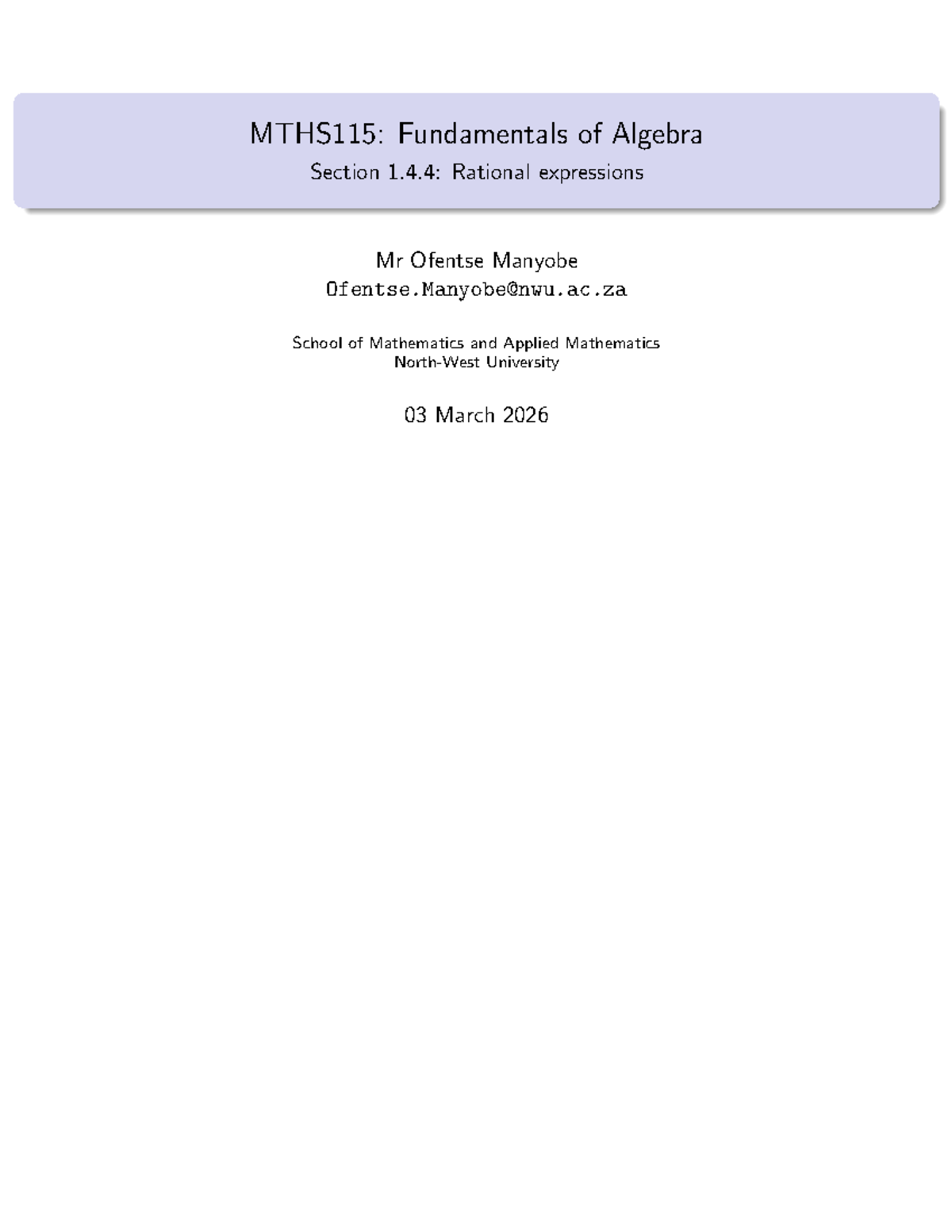 MTHS115: Lesson on Rational Expressions - Studocu