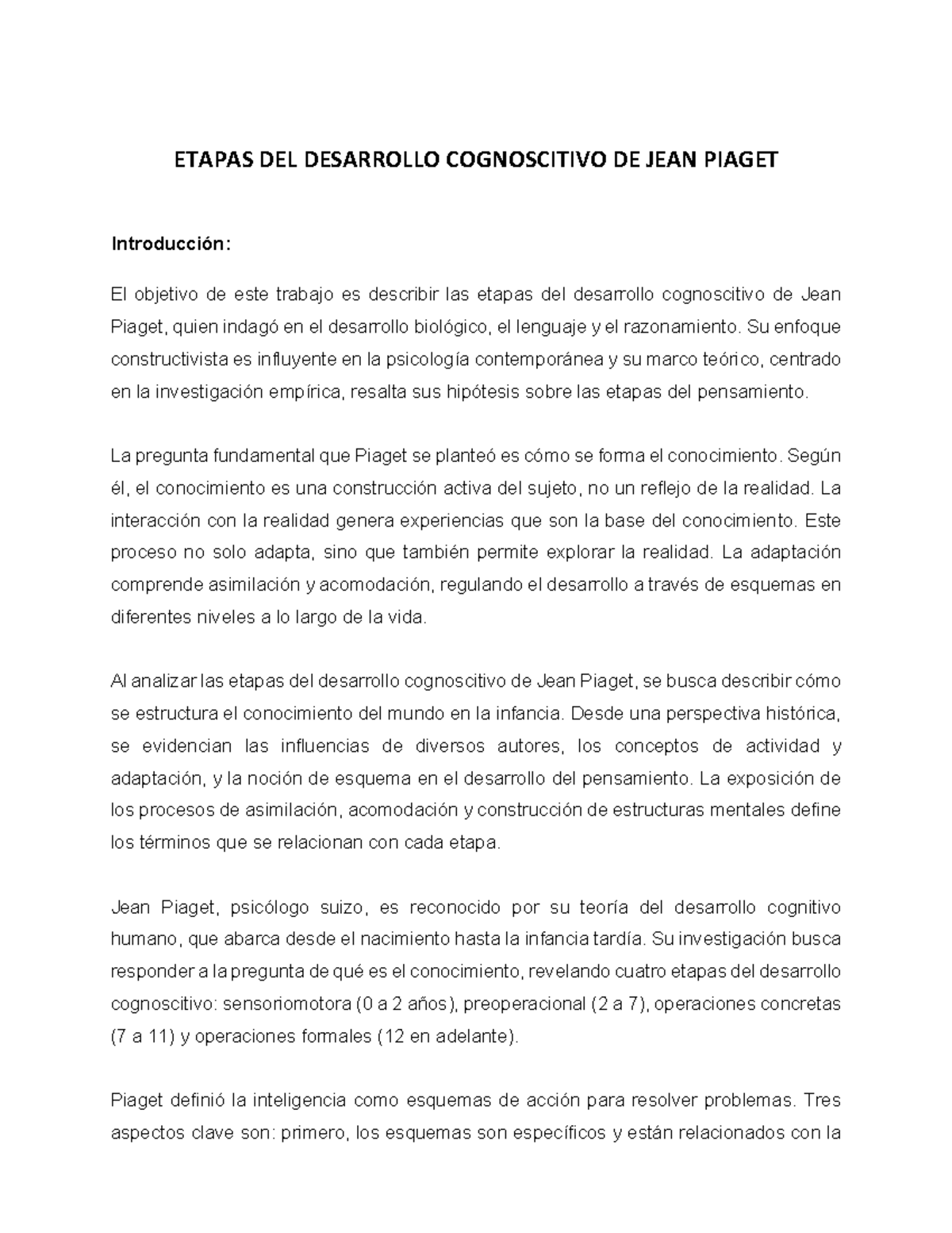 ETAPAS DEL DESARROLLO COGNOSCITIVO DE JEAN PIAGET - Apuntes - Studocu