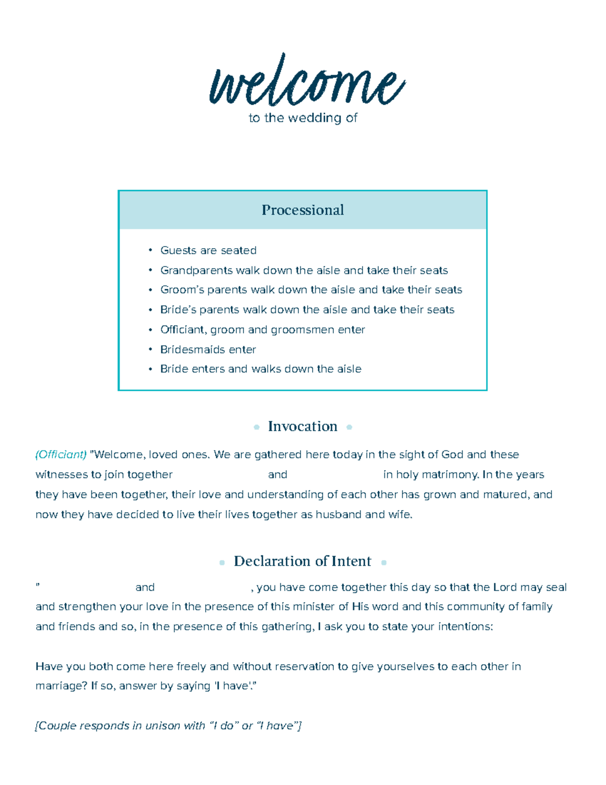 Christian-wedding-script - (O ciant) "Welcome, loved ones. We are ...