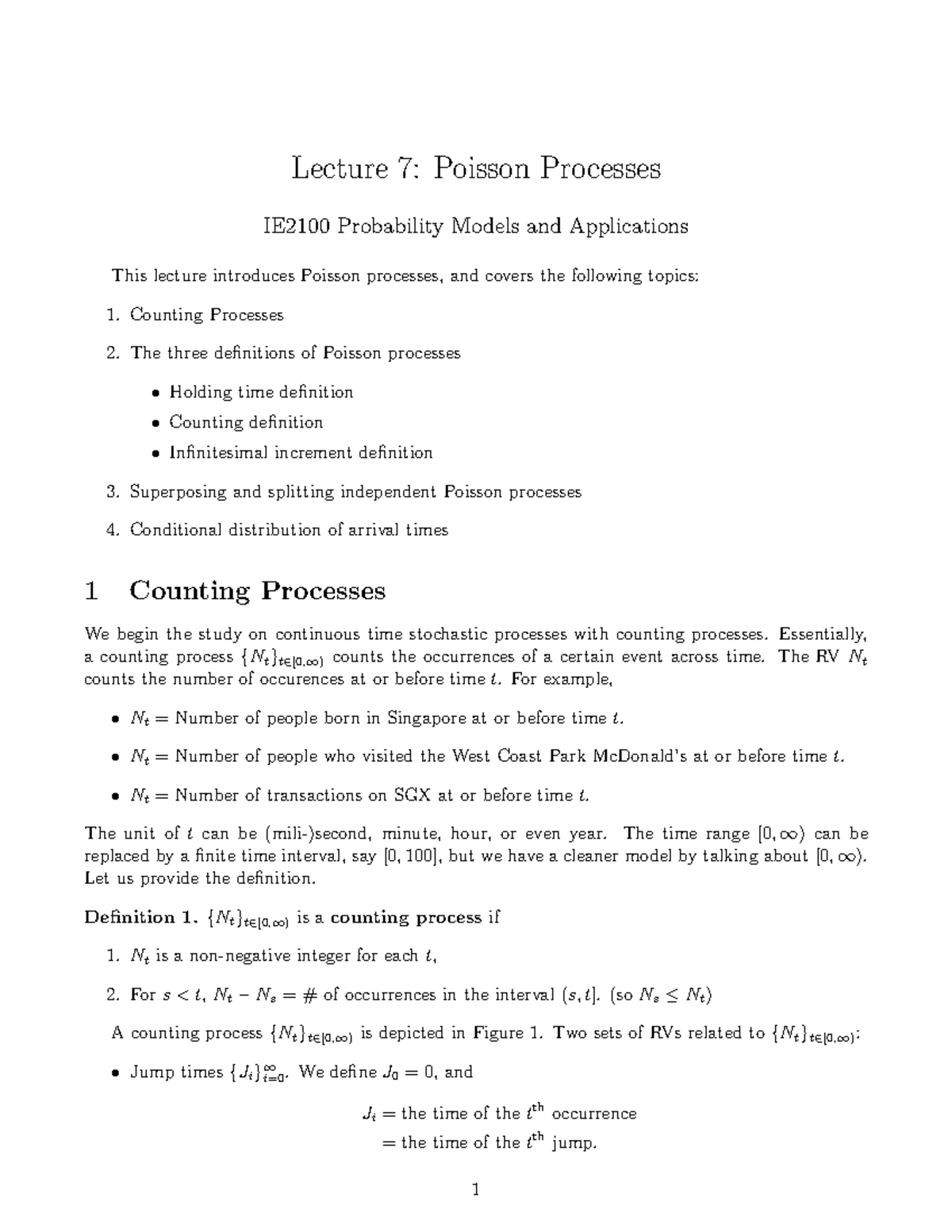 L7 notes - Lecture 7: Poisson Processes IE2100 Probability Models and ...