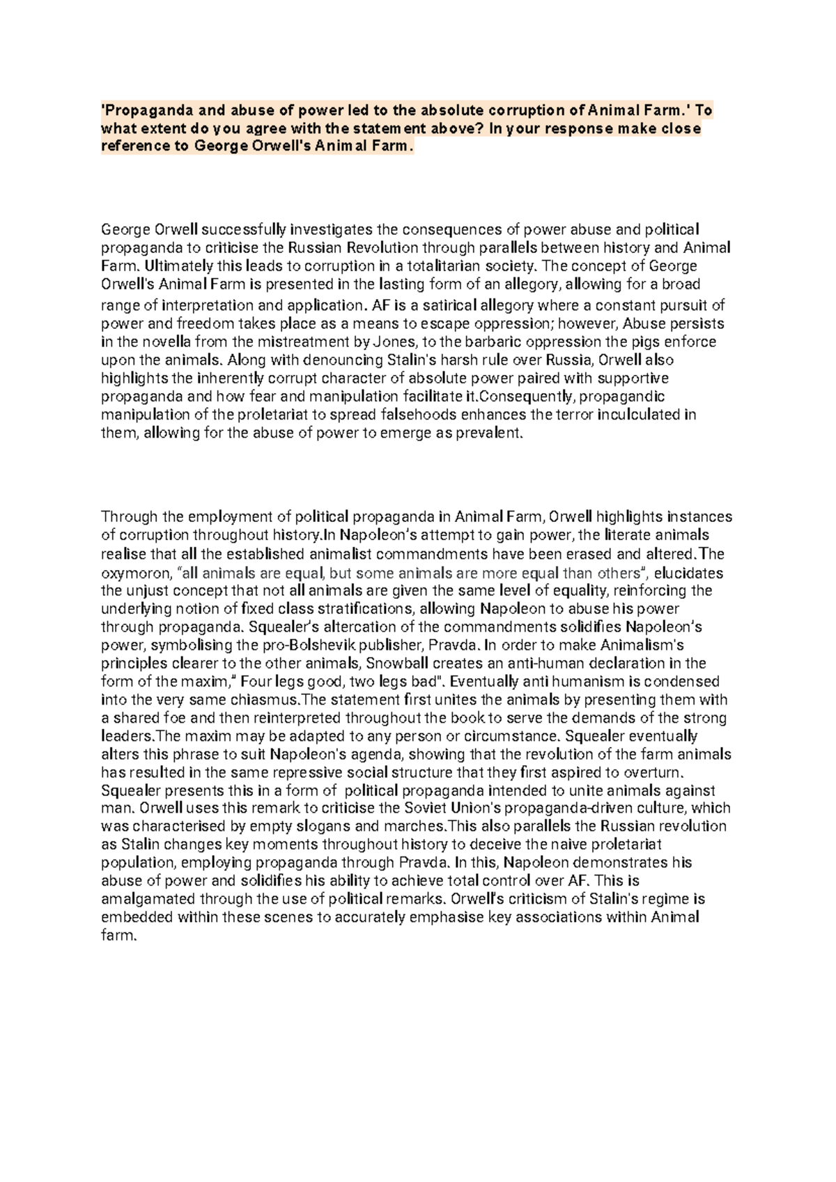 Animal Farm Essay Notes: Analyzing Power & Propaganda in AF - Studocu