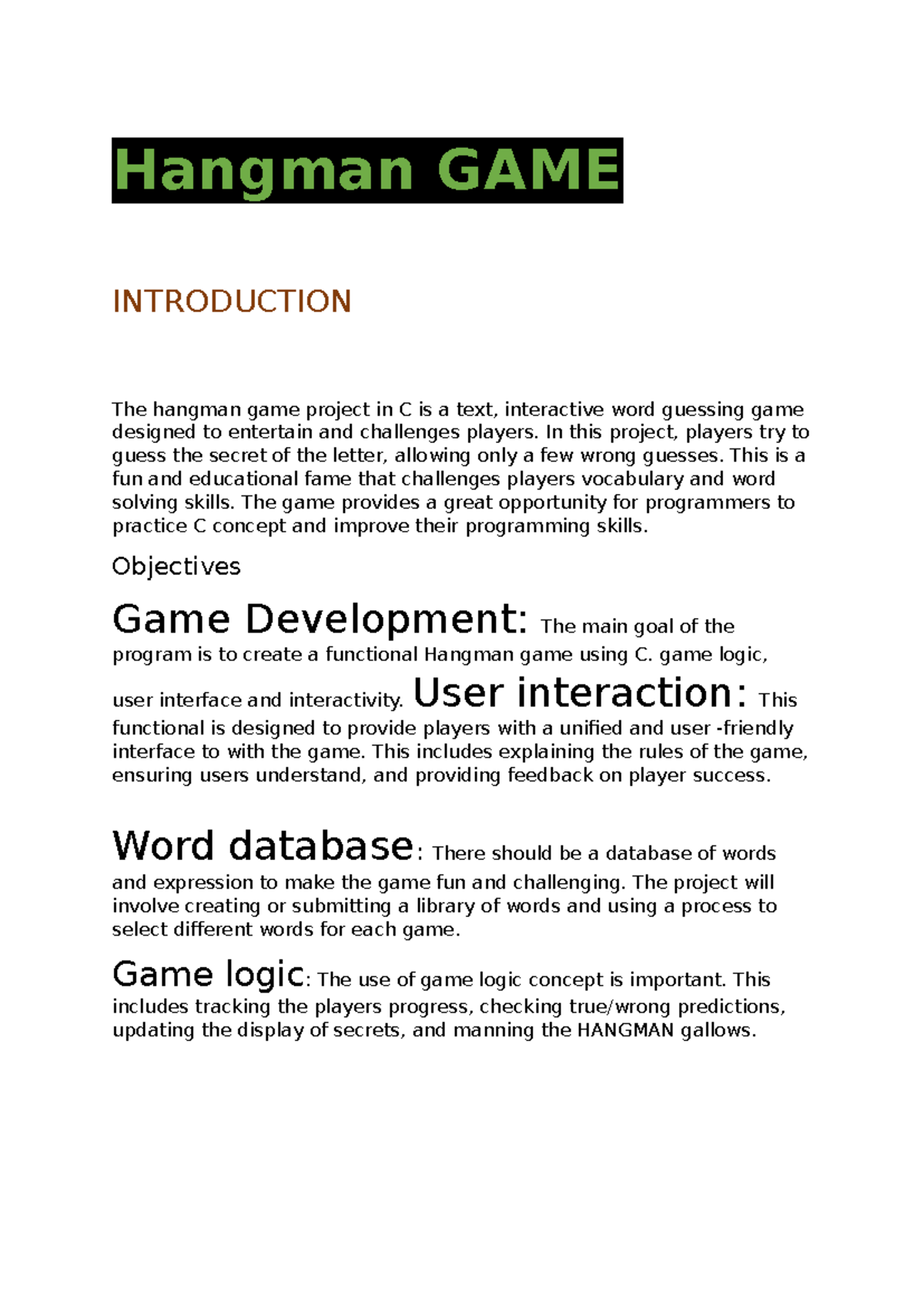 C Programming: Final Project on Hangman Game Development - Studocu