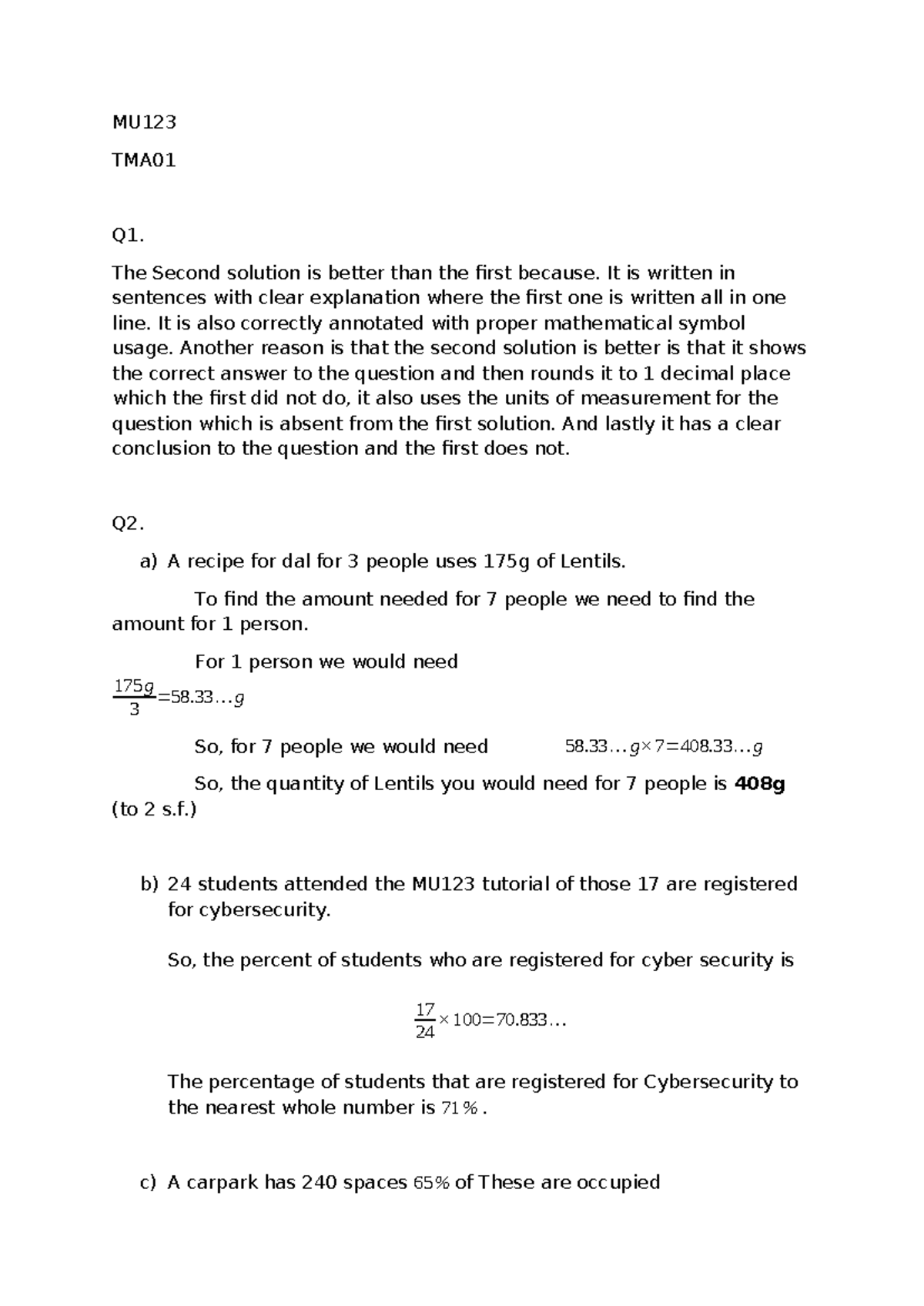 MU123 TMA01 Solutions Analysis: Comparing Q1 to Q5 Explanations - Studocu