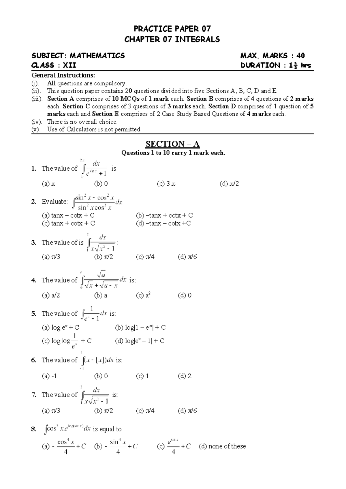 PRACTICE PAPER 07: CHAPTER 07 INTEGRALS - MATH CLASS XII - Studocu