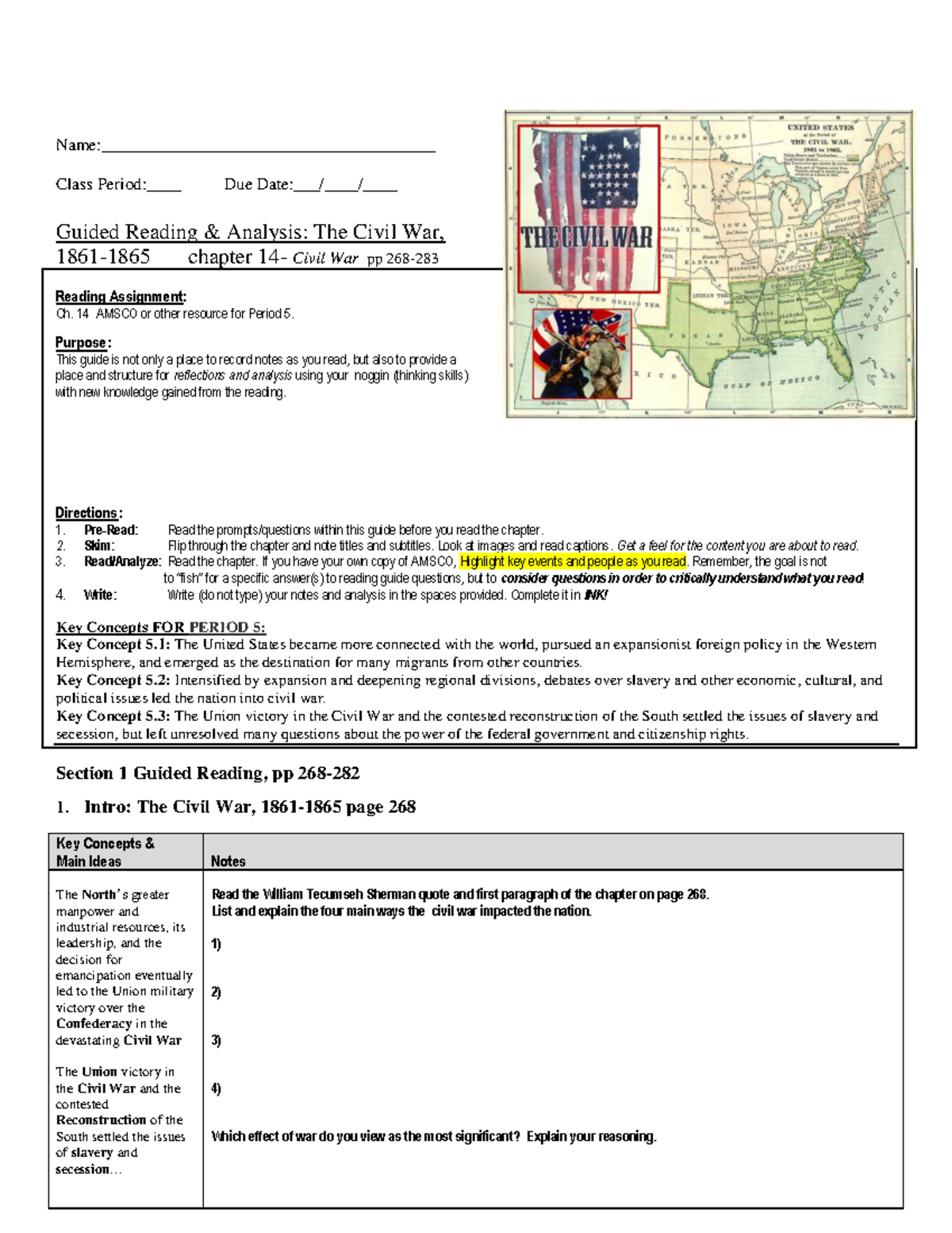 Amsco Guided Reading & Analysis: The Civil War, 1861-1865 (Ch. 14 ...
