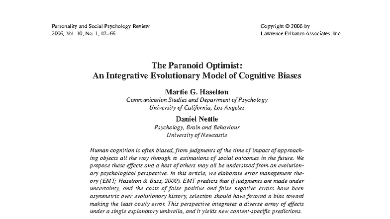 Paranoid Optimism: An Evolutionary Model of Cognitive Biases (PSY 2006 ...