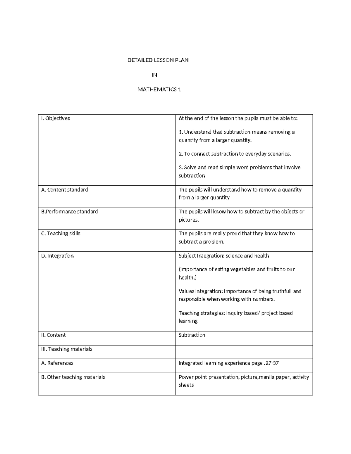Math 1 DLP: Subtraction Lesson Plan and Activities - Studocu