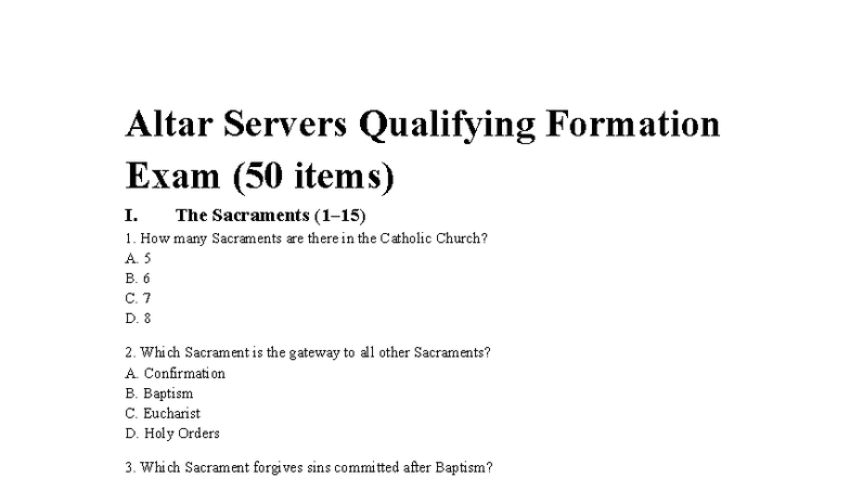Altar Server Qualifying Formation Exam (50 Items) - Studocu