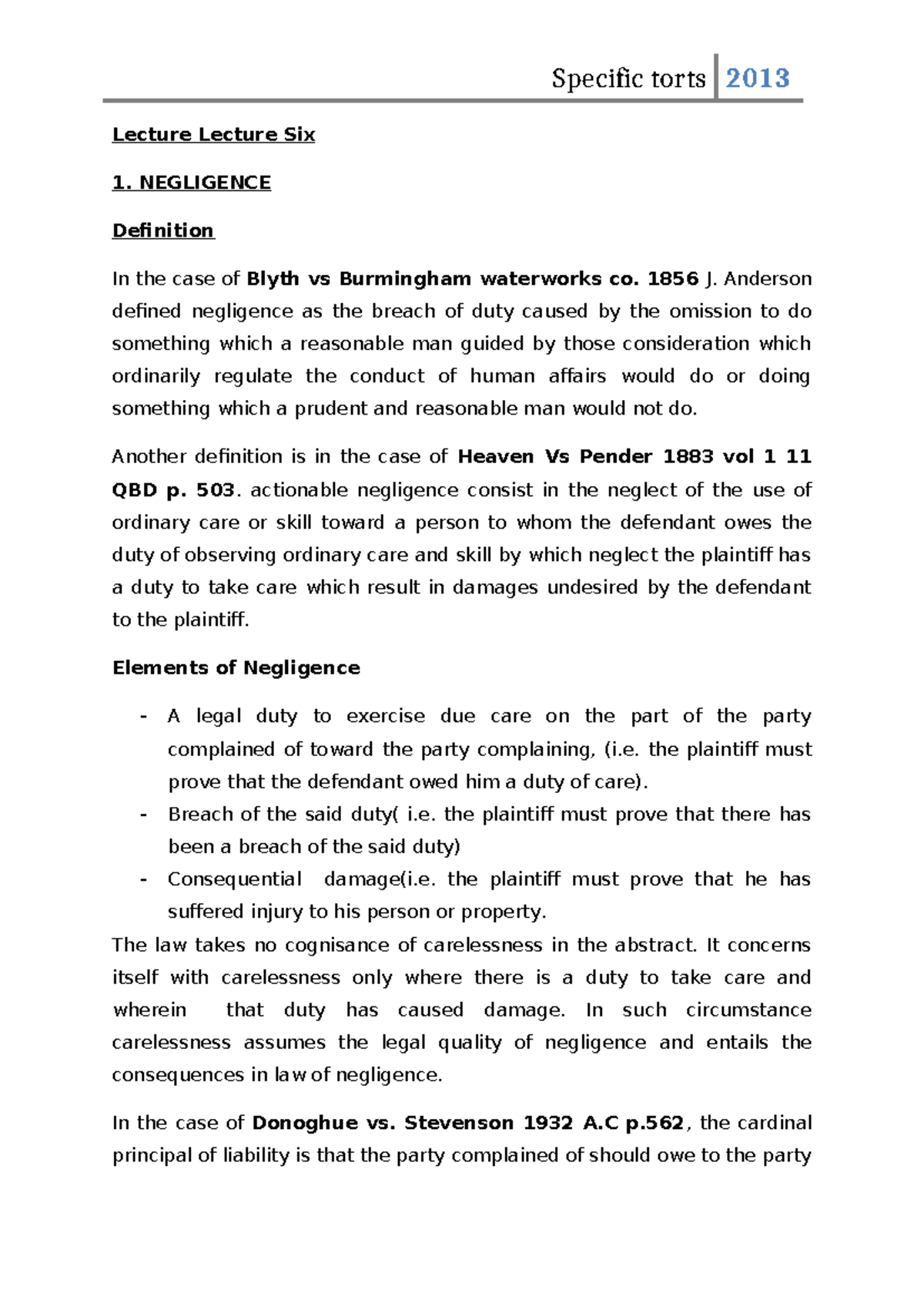Law of Negligence: Key Concepts and Defenses - Lecture 6 Notes - Studocu