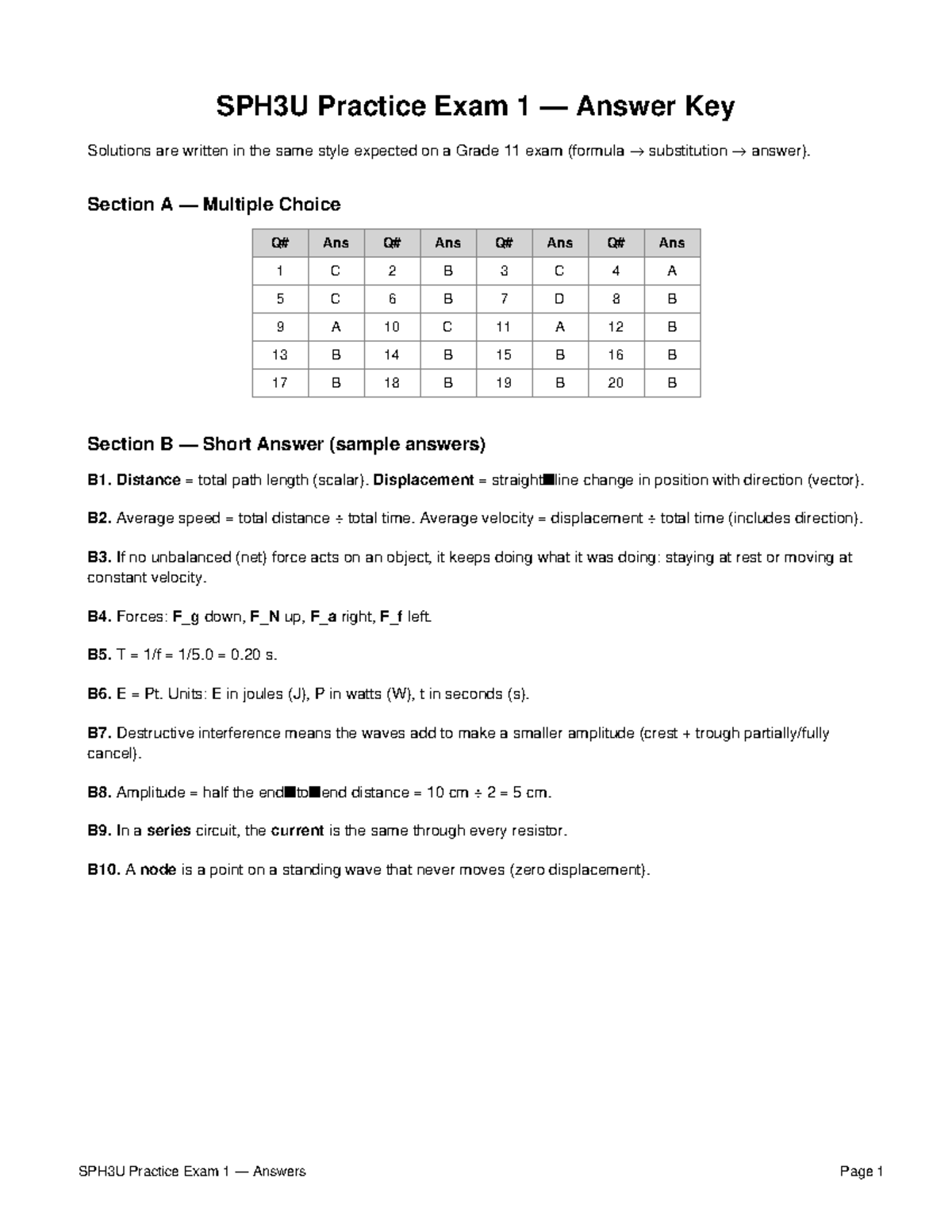 SPH3U Practice Exam 1 Answer Key & Solutions - Studocu