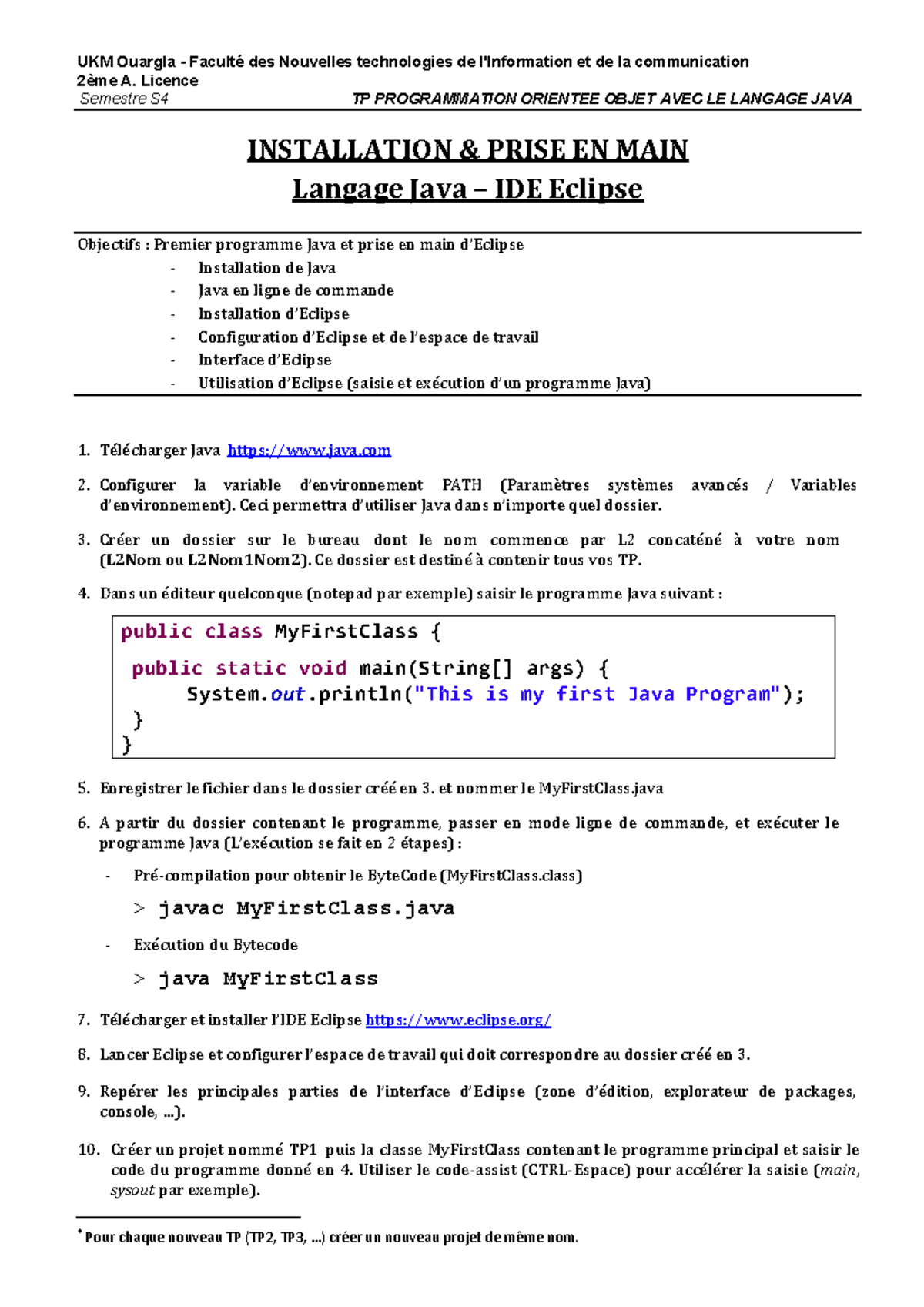 TP0 POO - Installation et Prise en Main de Java avec Eclipse L2 - Studocu