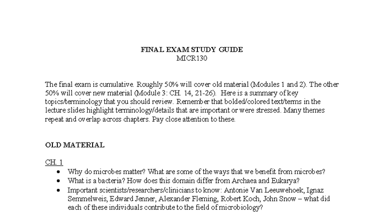 FINAL EXAM STUDY GUIDE MICR130: Key Concepts & Topics Overview - Studocu