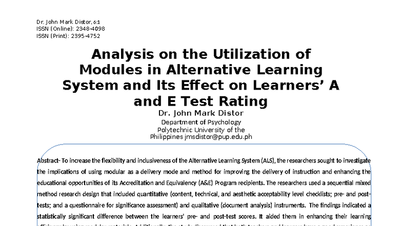 Analysis of Modular Learning in ALS and Its Impact on A&E Test Ratings ...