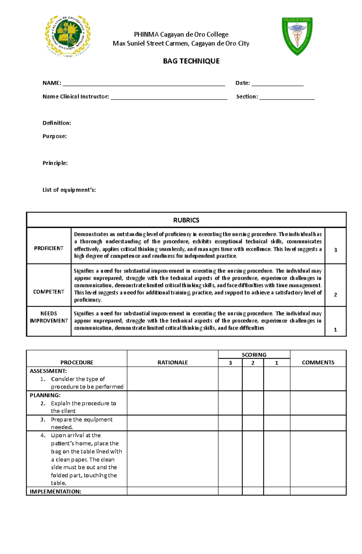 BAG Technique Nursing Procedure Checklist for Clinical Practice - Studocu