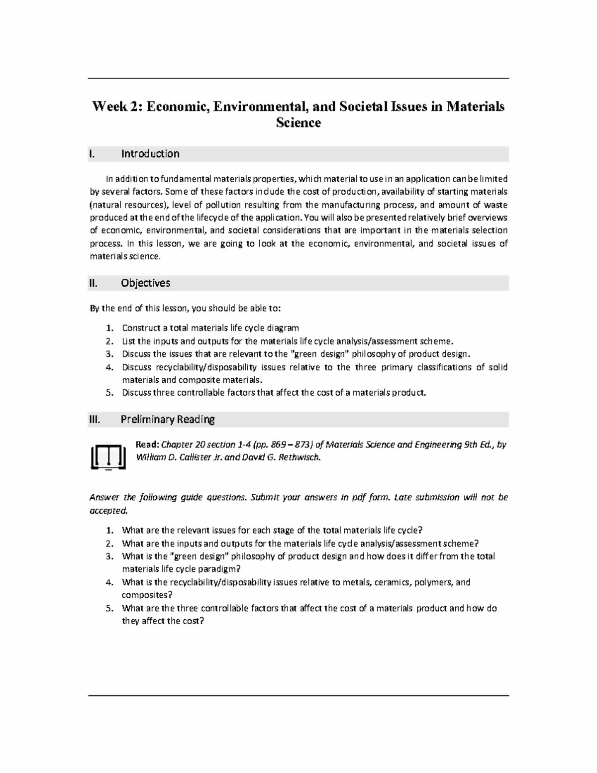 2 - Material Science - Week 2: Economic, Environmental, and Societal ...