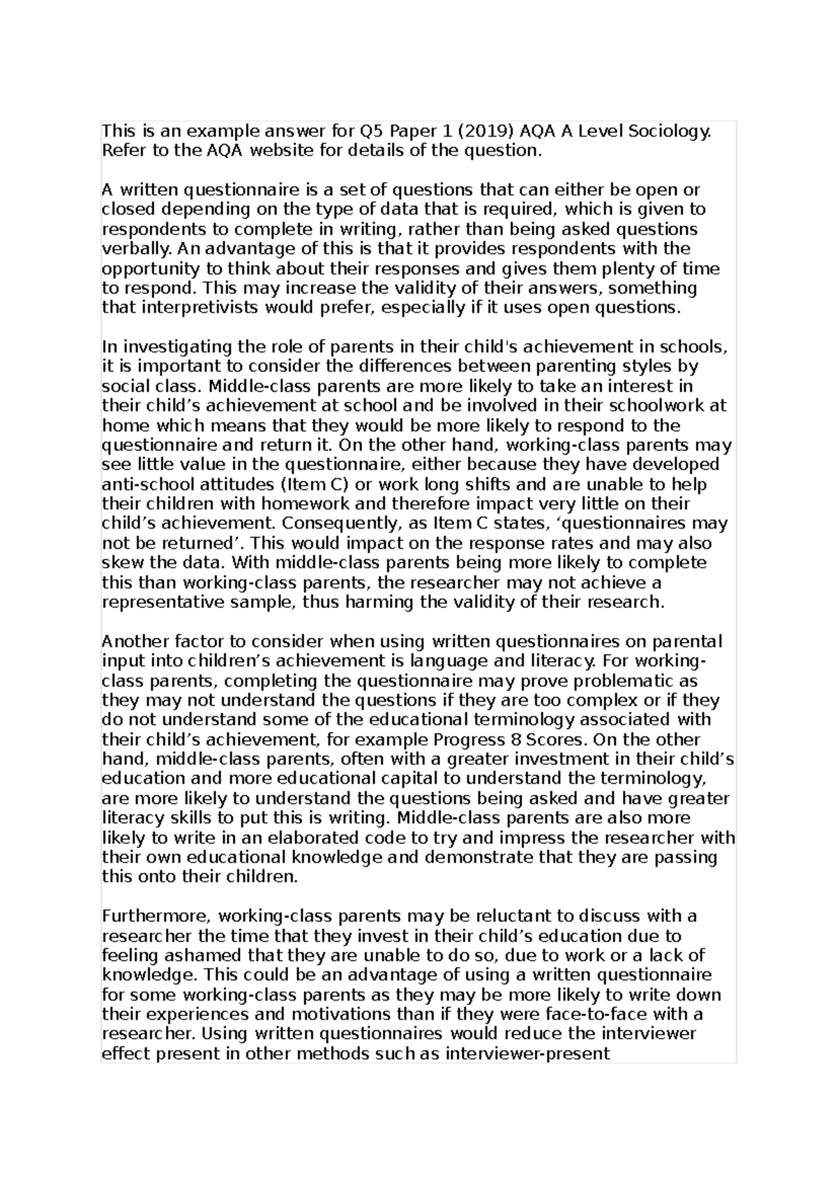 Example Answer for Q5 - AQA A Level Sociology Paper 1 (2019) - Studocu