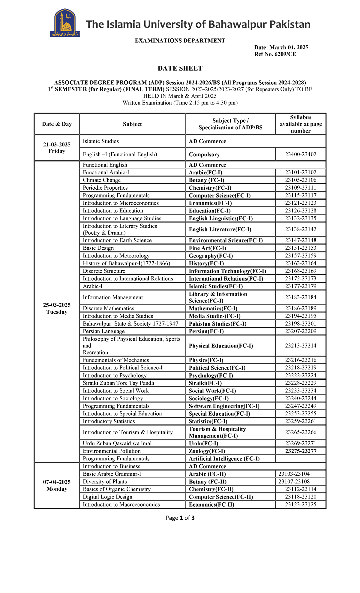 Date Sheet For Adp Bs 1st Semester Final Term Exams 2025 Studocu