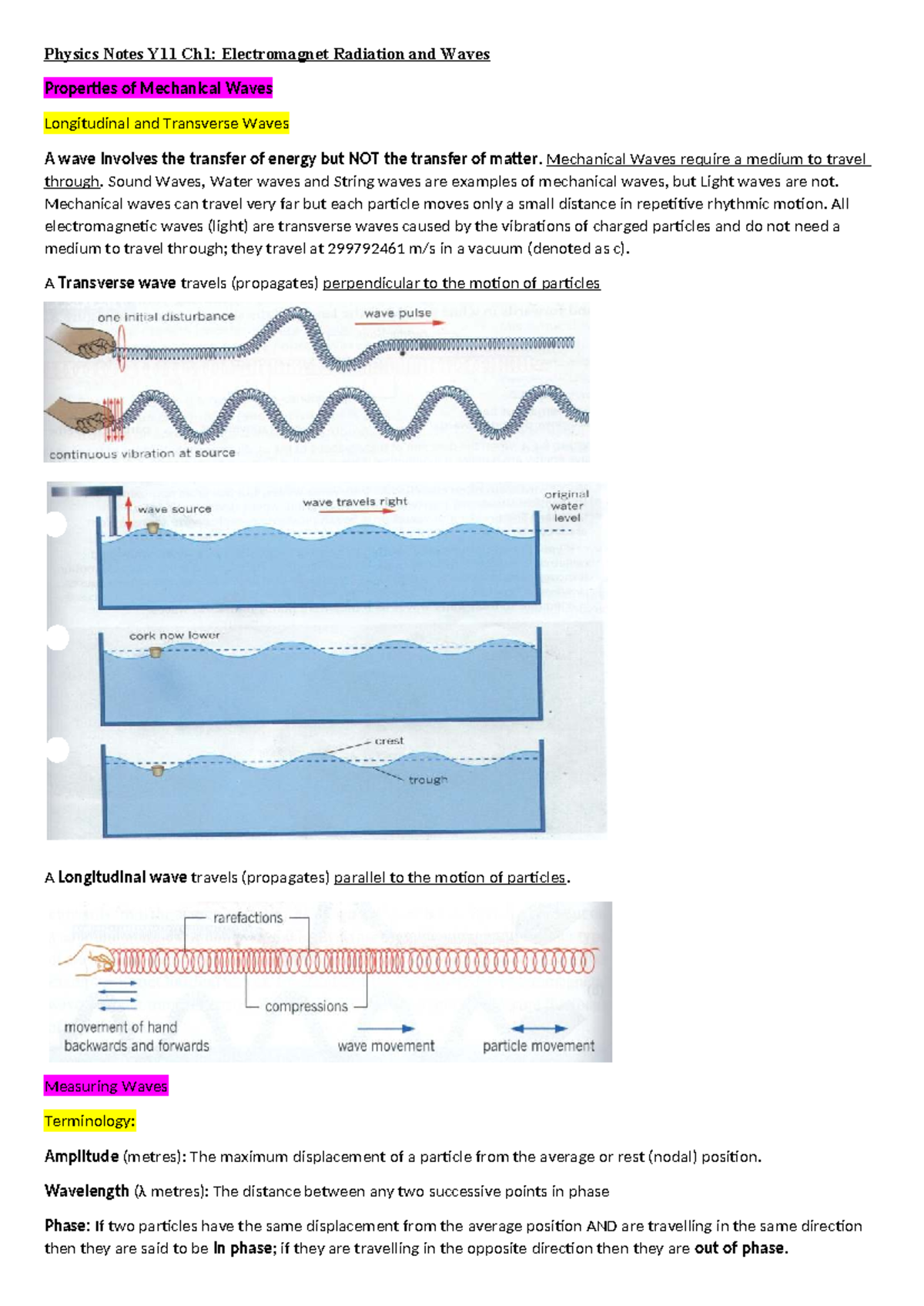 Physics Notes Y11 2024 Ch1: Electromagnetic Radiation & Wave Properties ...