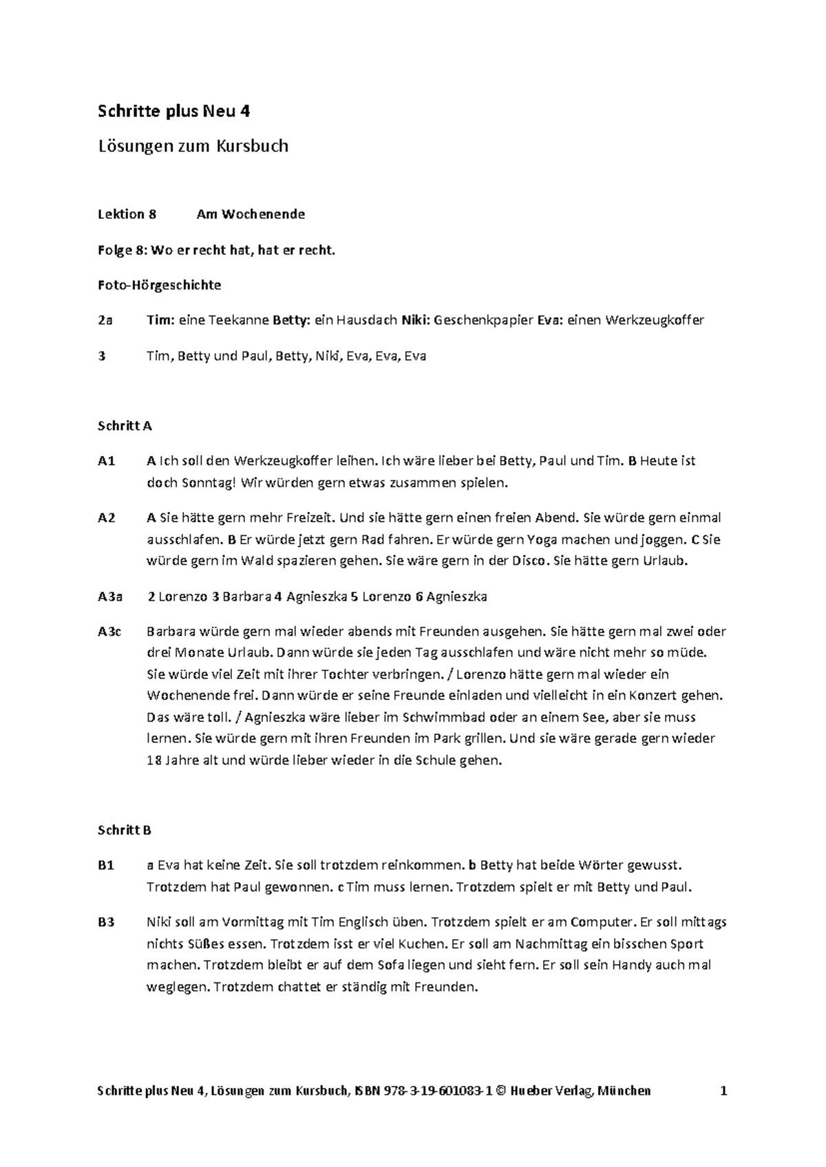 Schritte plus Neu 4: Lösungen zum Kursbuch Lektion 8-14 - Studocu