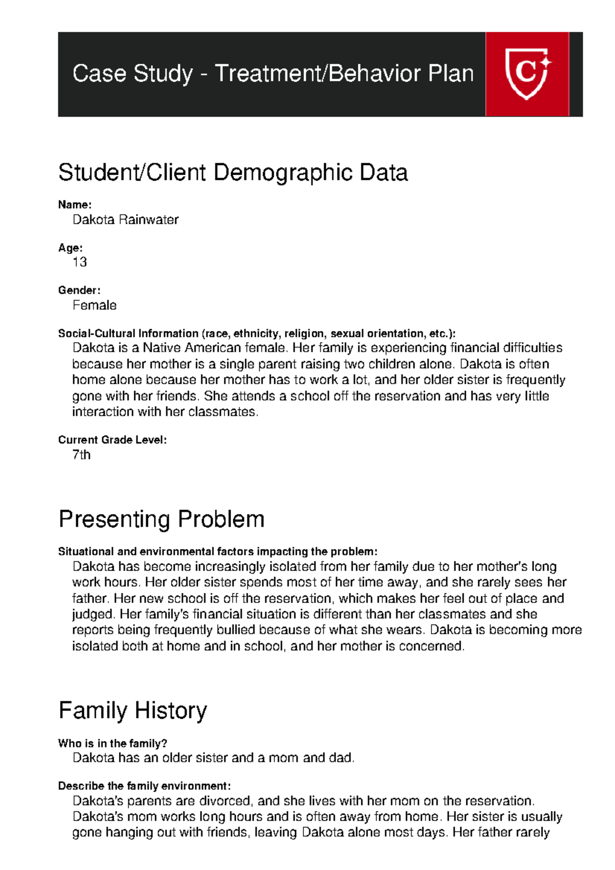 Case Study Treatment Plan: Dakota Rainwater (Depression) - Studocu