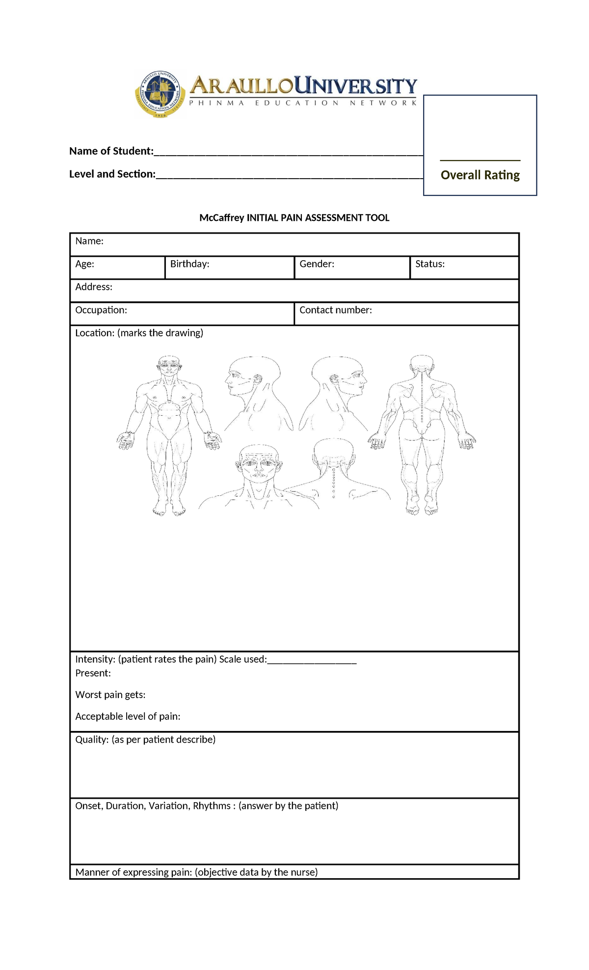 PAIN Assessment TOOL - checklist - Name of - Studocu