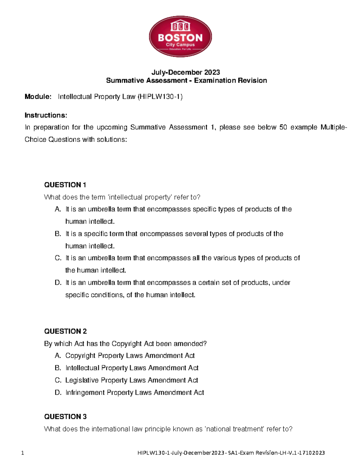 Online MCQ SA1 Exam Scope Revision Question Template- Hiplw 130-1 - Module: Intellectual ...